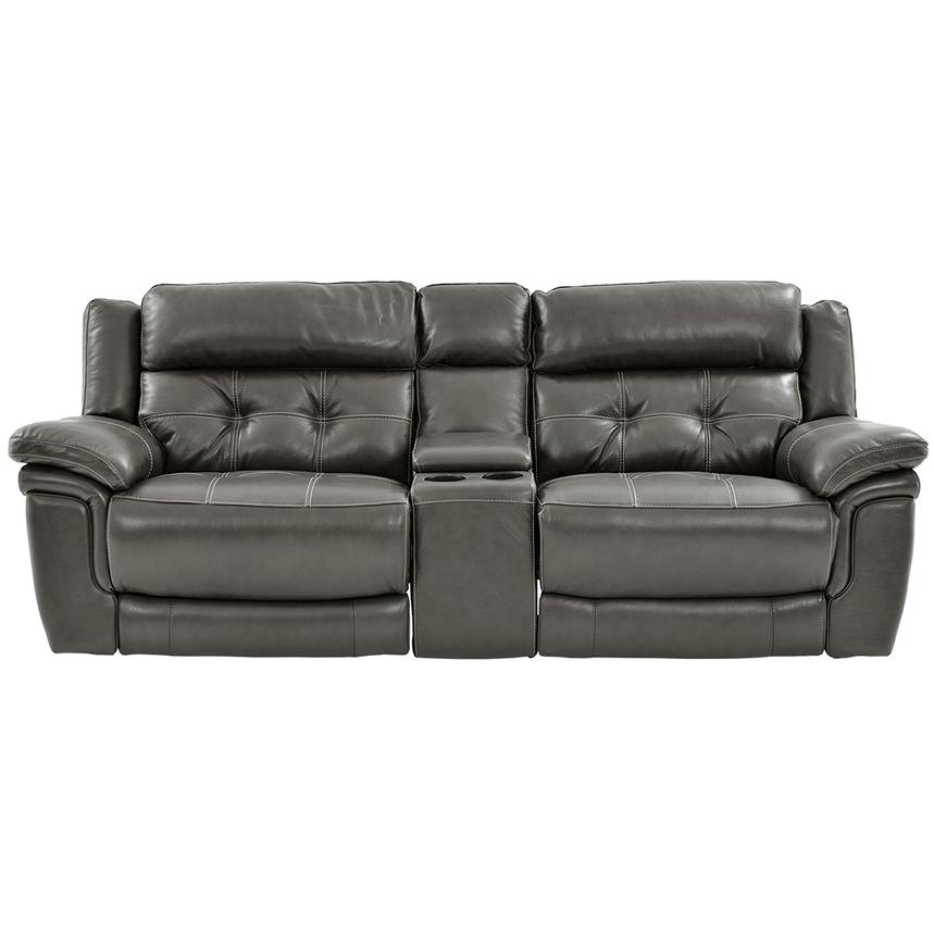 Stallion Gray Leather Power Reclining Sofa w Console El Dorado Furniture