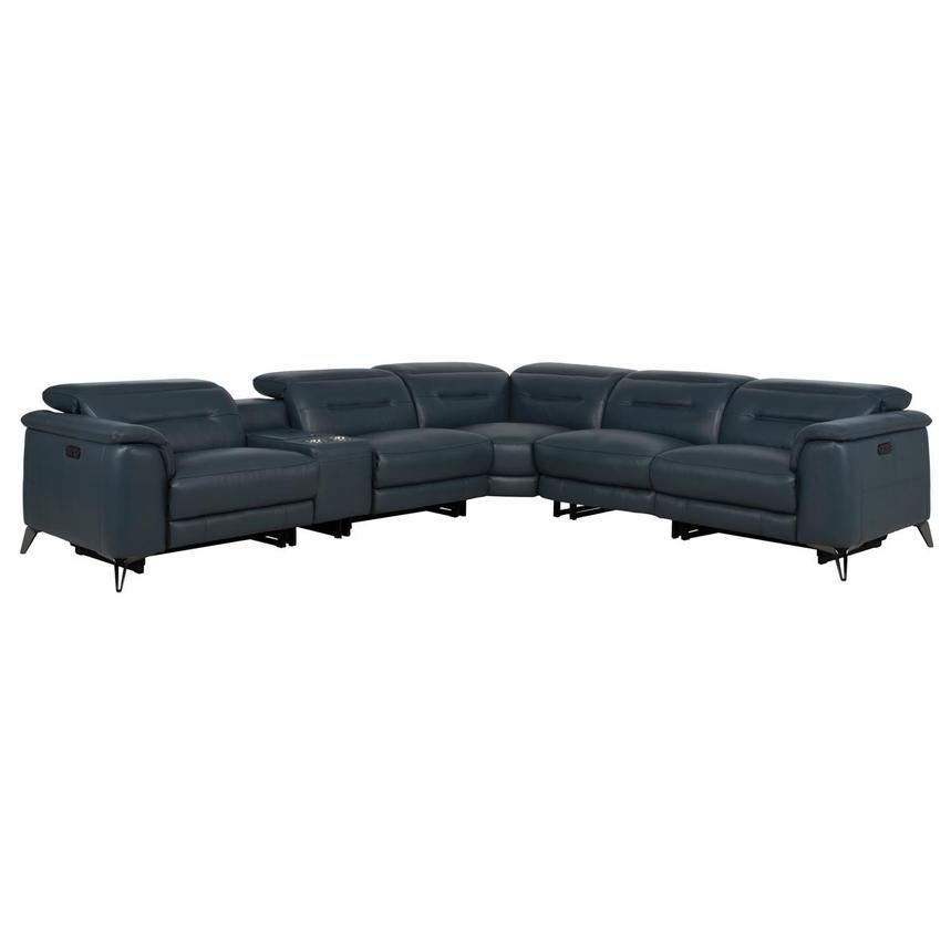 Anabel 2.0 Blue Leather Power Reclining Sectional with 6PCS/3PWR | El ...
